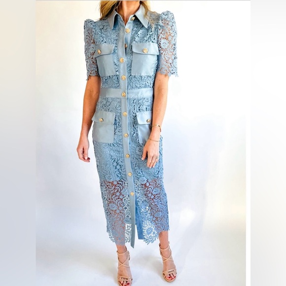 Ina | Dresses | Ina Blue Puff Sleeve Sheath Midi Dress | Poshmark